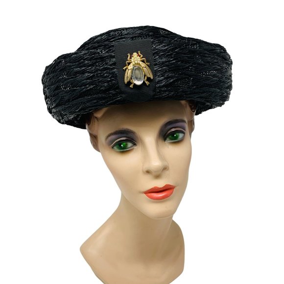 Vintage 1950s Round Black Straw Hat Rhinestone Fly Detail Styled by Phipps